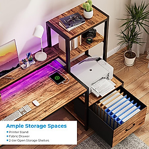 GreenForest Office Desk with Power Outlets and Printer Shelf, 68.8 inch Computer Desk with LED and Drawer, Reversible Gaming Desk with Storage for Home Study Working,Walnut
