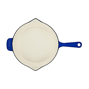 Lava Enameled Cast Iron Ceramic Skillet with Side Drip Spouts - 11 inch Round Frying Pan with White Ceramic Enamel Coated Interior - Edition Series (Blue)