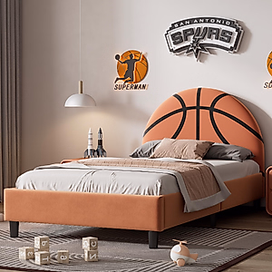 SOFTSEA Twin Size Bed Frame for Kids, Twin Size Sport Style Bed Frame for Boys, Basketball Shaped Bed Wood Platform Bed Frame, Upholstered Twin Bed Frames for Kids, No Box Spring Needed, Orange