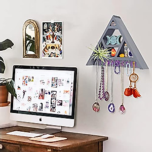 FM Moon Phase Triangle Shelf-Boho Crystal Display Shelf-Wall Mounted Jewelry Organizer-Crystal Holder-Moon Shelf Witchy Room Decor-Keychain Bracelet Holder-Necklace Holder-Gothic Decor,Grey