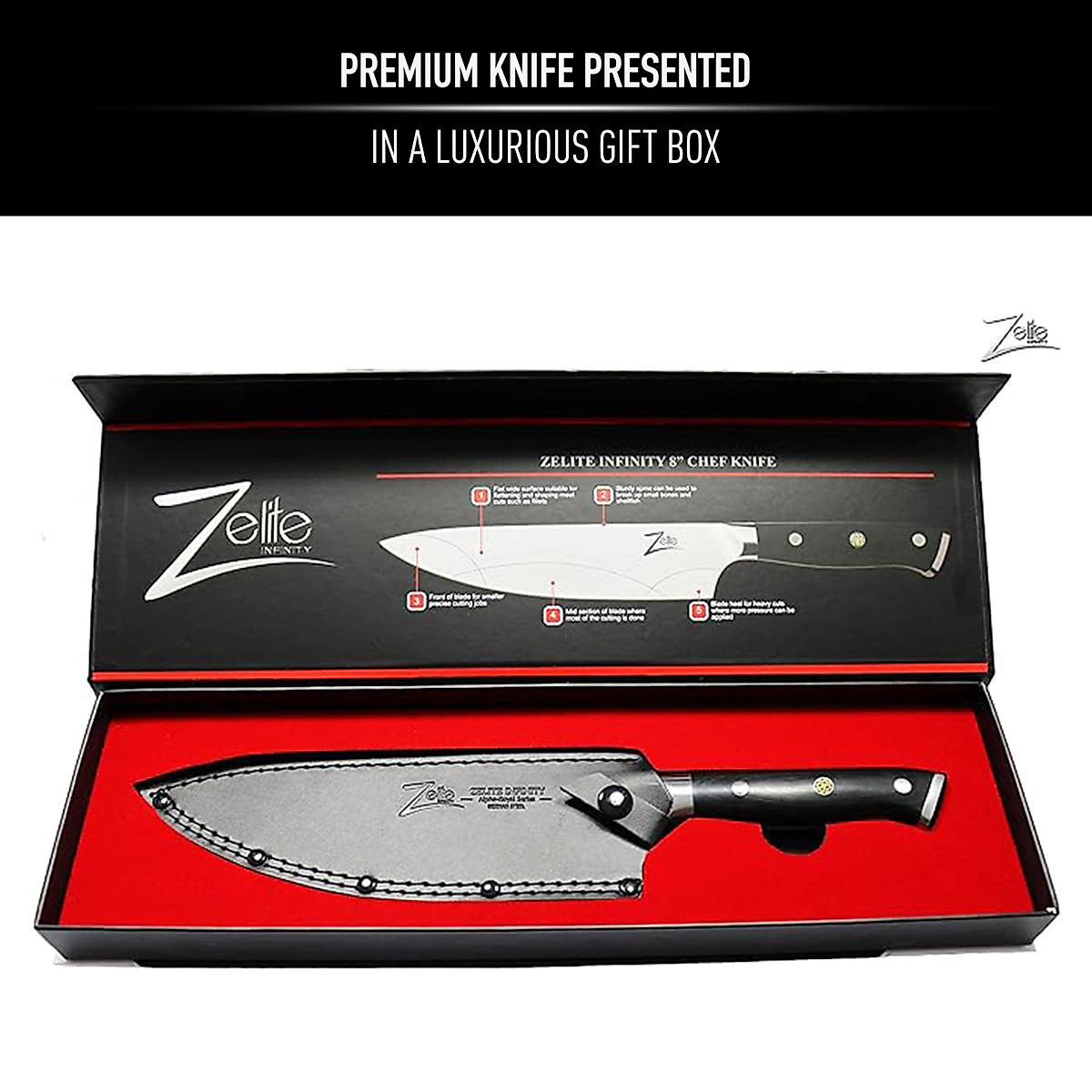 Zelite Infinity 8 Inch Chef Knife with Sheath - German High Carbon Stainless Steel Chef's Knife for Kitchen; Razor Sharp Cutting Knife with Paccawood Handle - Comes in Luxurious Gift Box