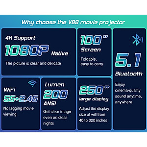 TMY Projector with WiFi and Bluetooth, Native 1080P 5G WiFi Outdoor Projector with 100" screen, 4K Supported Portable Projector, Compatible with iOS/Android/PC/TV Stick/HDMI/AV/USB, Indoor Outdoor Use