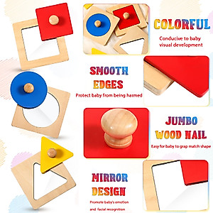 Civaner Montessori Mirror Puzzle Baby Peekaboo Knob Puzzles Colorful Baby Mirror Toy Wooden Geometric Shape Puzzle Sensorial Toys Birthday Gifts for Toddler Preschool