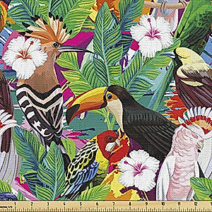 Ambesonne Colorful Fabric by The Yard, Exotic Composition of Bird Toucan Parrot Hoopoe Palm Leaves and Hibiscus Flowers, Decorative Fabric for Upholstery and Home Accents, 1 Yard, Multicolor