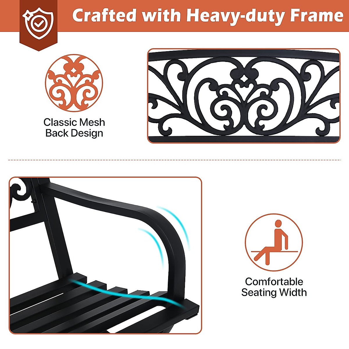 Yewuli Patio Garden Bench Metal Loveseat Chairs Outdoor Park Benches for Outside with Armrests Patio Furniture for Porch, Yard, Lawn, Balcony, Black