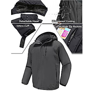 Purltoan Rain Jacket Men Winter Mountain Snow Skiing Raincoats Windproof Water Resistant Soft Shell Fleece Tactical Coat Darkgrey 3XL