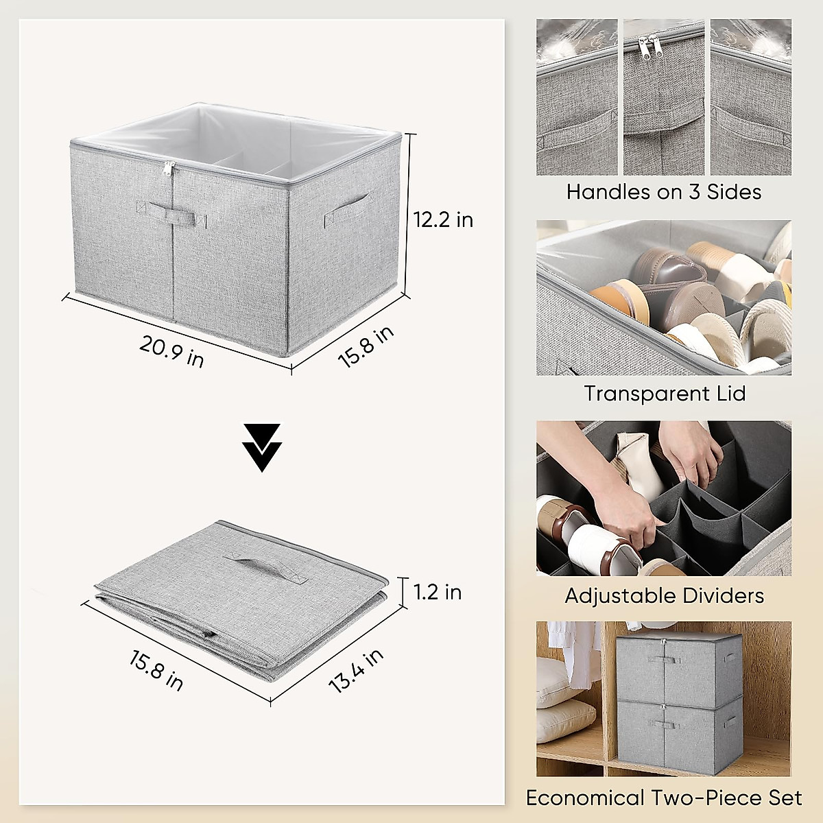 Homaisson 2-Pack Shoe Storage Organizer for Closet, Large Shoe Box Storage + 3 Pack Bed sheet organizers and storage, Foldable Sheet Set Organizers for Linen Closet (Grey+Black)