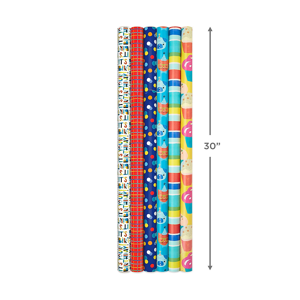 Hallmark Colorful Wrapping Paper Bundle with Cutlines on Reverse (6 Rolls: 110 Square Feet Total) Llamas, Zebras, Cupcakes, Holographic Stripes, Polka Dots for Birthdays, Kids Parties, Back to School