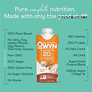 Owyn Vegan Protein Shake, Pumpkin Spice, 20g Plant Based Protein, Omega-3, Prebiotic Supplements, Gluten-Free, Soy-Free, Non-GMO (Pumpkin Spice, 12 Pack) (Packaging May Vary)