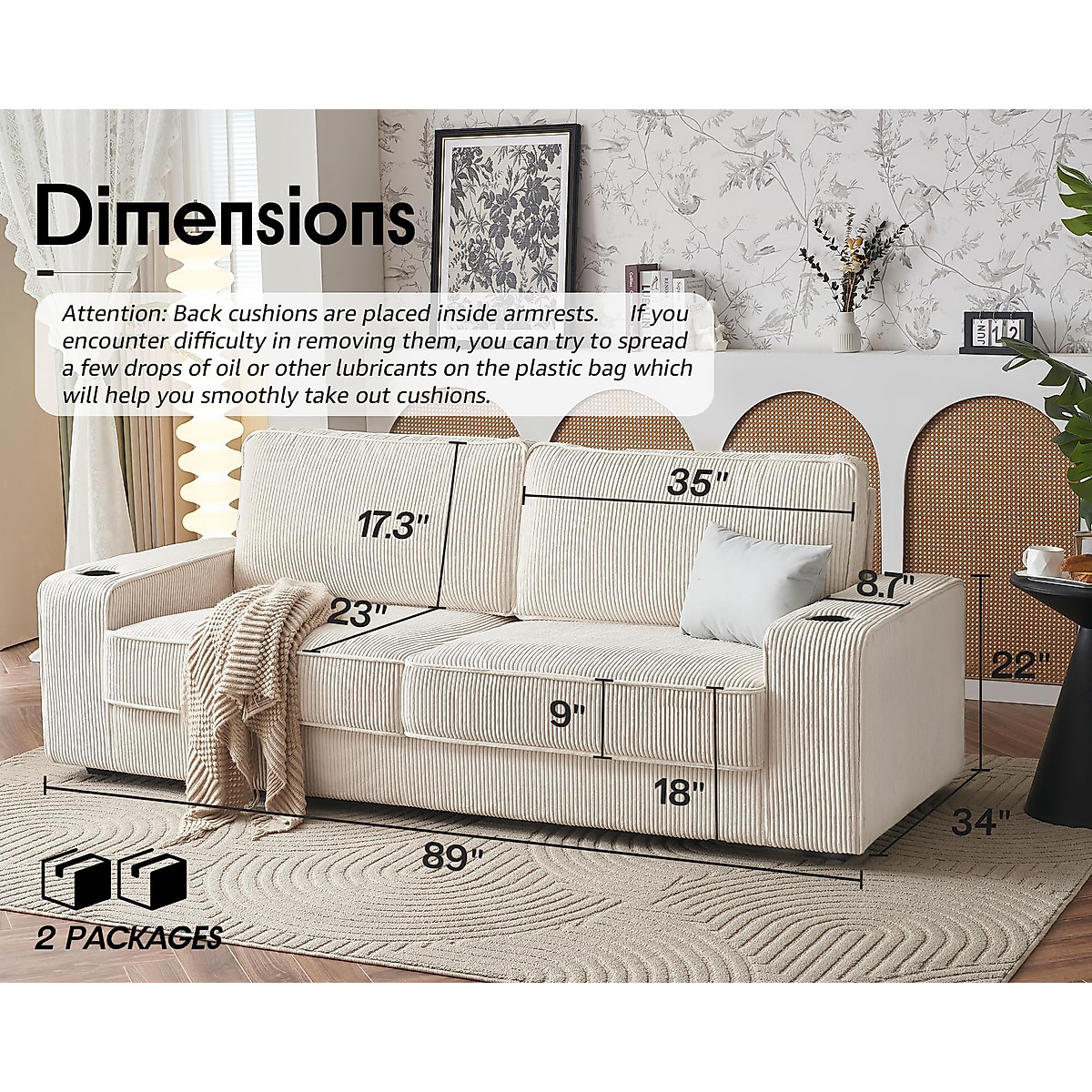 Jocisland Sofa, 89 Inch Deep Seat Couch with USB Charging Stations & Drink Holders, Modern Sofa- Comfy Sofa Couch for Living Room (Beige Corduroy)