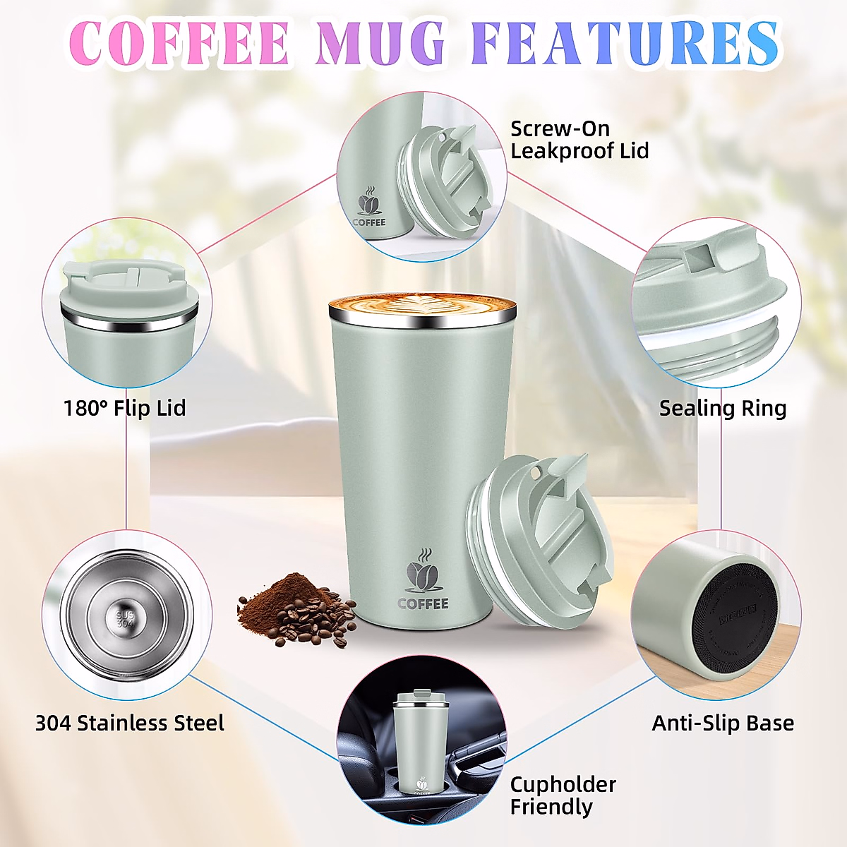 17oz Insulated Travel Coffee Mug with Flip Lid – Leakproof Stainless Steel Insulated Coffee Tumblers, Portable Thermos Cup for Hot & Cold Drinks, Perfect for Camping & On-the-Go