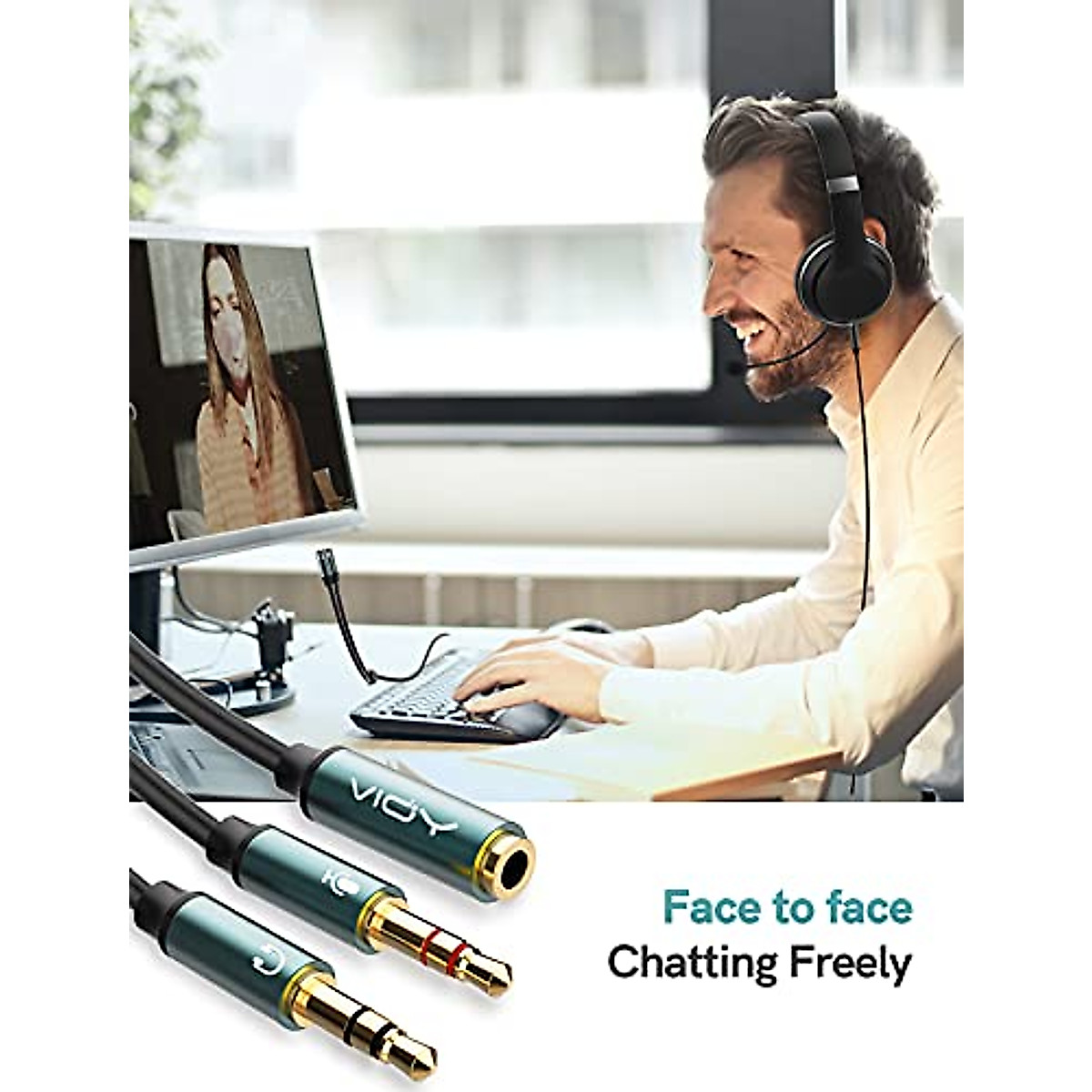 VIOY Headphone Splitter for Computer [3FT/1M], CTIA 3.5mm Female TRRS to 2 Male TRS Audio Jack Adapter with Separate Microphone and Earphone Converter for Gaming Headset to PC…