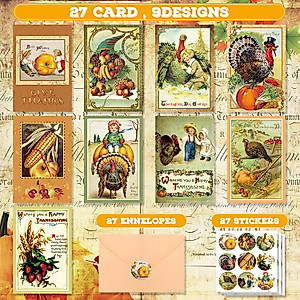 GreenPine 27PCS Thanksgiving Vintage Greeting Cards Bulk Thanksgiving Cards for Family Thankful Cards with Envelopes for Fall Autumn Holiday Parties Celebrations Harvest Happy 4 x 6 inches