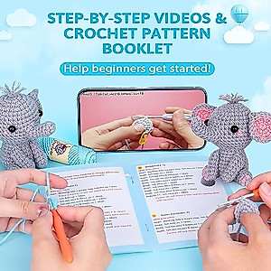 Crochetta Crochet Kit for Beginners, Beginner Crochet Starter Kit with Step-by-Step Video Tutorials, Learn to Crochet Kits for Adults Kids, DIY Knitting Supplies, 2 Pack Elephant Family (40%+ Yarn)