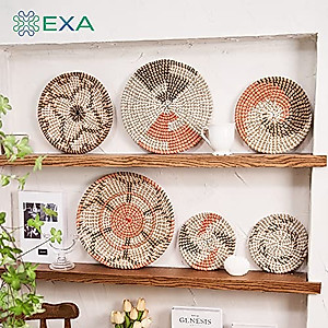 EXA Set of 6 Seagrass Wall Basket Cosmos Decor - Boho Farmhouse Rustic Room Style - for Thanksgiving Christmas Hanging Wall Art, Gift Idea, Table Settings - Handmade, Round, Natural Wicker