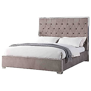 Best Master Furniture Natasha Velour Tufted Transitional Glam Platform Bed, California King, Light Grey