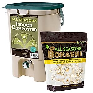 All Seasons Indoor Composter Starter Kit – 5 Gallon Tan Compost Bin For Kitchen Countertop With Lid, Spigot & 1 Gallon (2 lbs.) Bag Of Dry Bokashi Bran – by SCD Probiotics