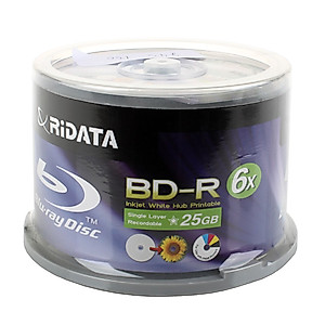 Ridata BD-R 6X 25GB Blu-ray Media White Inkjet Hub Printable Disc, Pack of 50