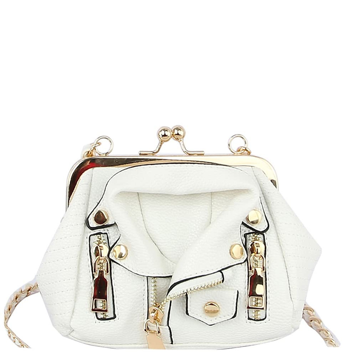 Trendeology Moto Jacket Design Bike Vegan Leather Fringed Saddle Bag Fashion Backpack Purse (Crossbody - White/Gold Chain)