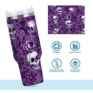 40 oz Car Tumbler Cup with Handle and Straw Lid for Water,Iced Tea or Coffee Purple Rose Skull Travel Mug Home Work Office Stainless Steel Water Bottle