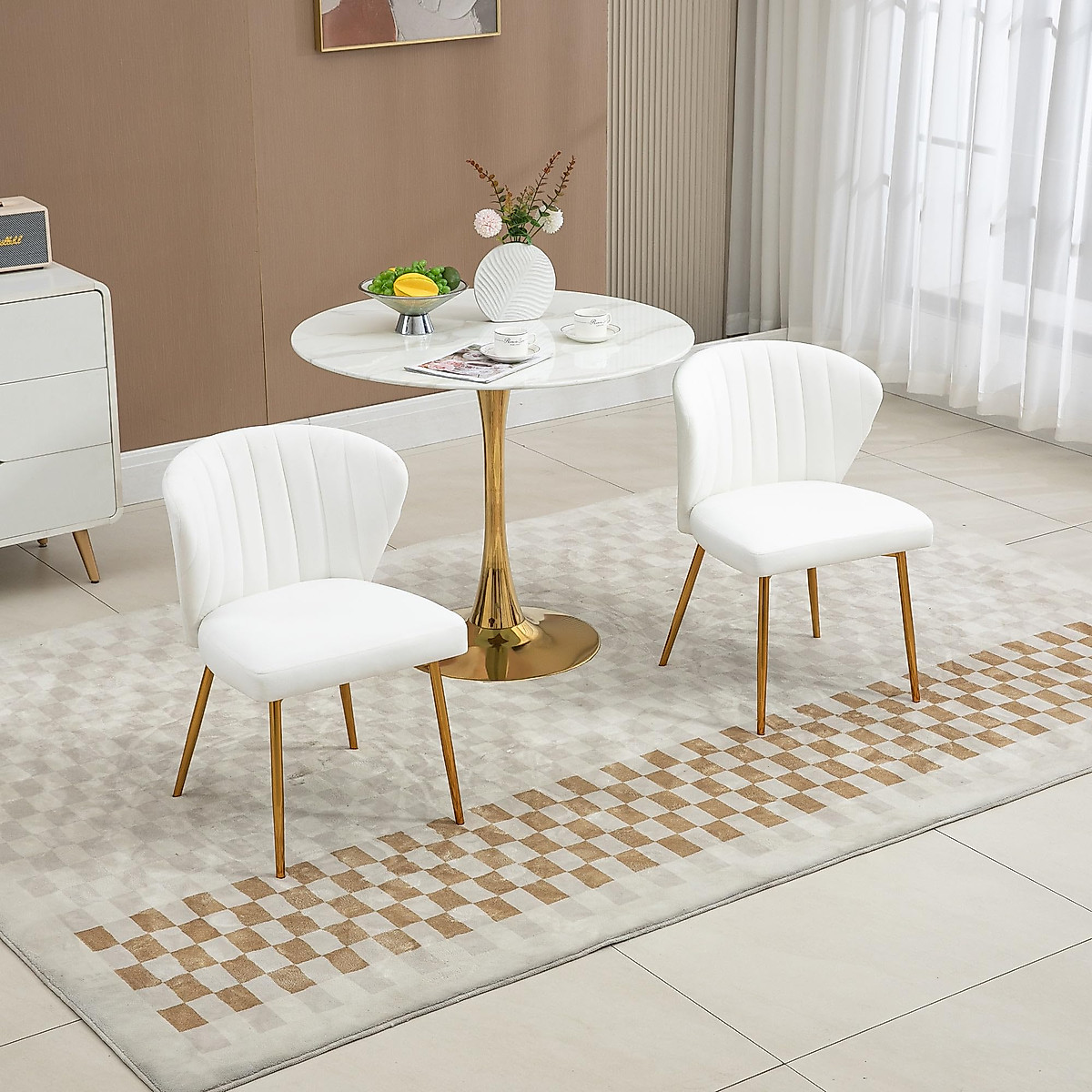 KASUE Velvet Dining Chairs Set of 4 – Golden Metal Legs & Tufted Upholstery - Modern Dining Chairs for Your Dining Room, Kitchen, Vanity.White