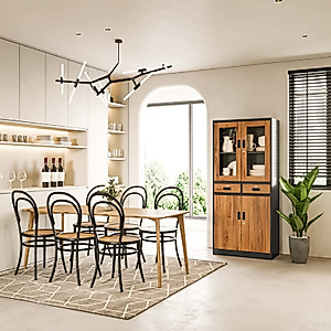 PEUKC Kitchen Pantry Cabinet, 71" Freestanding Kitchen Pantry Storage Cabinet with Drawer and Adjustable Shelves, Metal Tall Pantry Cabinet Cupborad with Glasses Doors, Wood Color