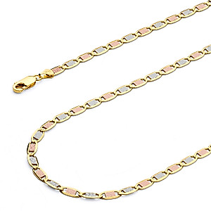 TWJC 14k REAL Tri Color Gold Solid 3mm Chain Bracelet with Lobster Claw Clasp - 7.5"