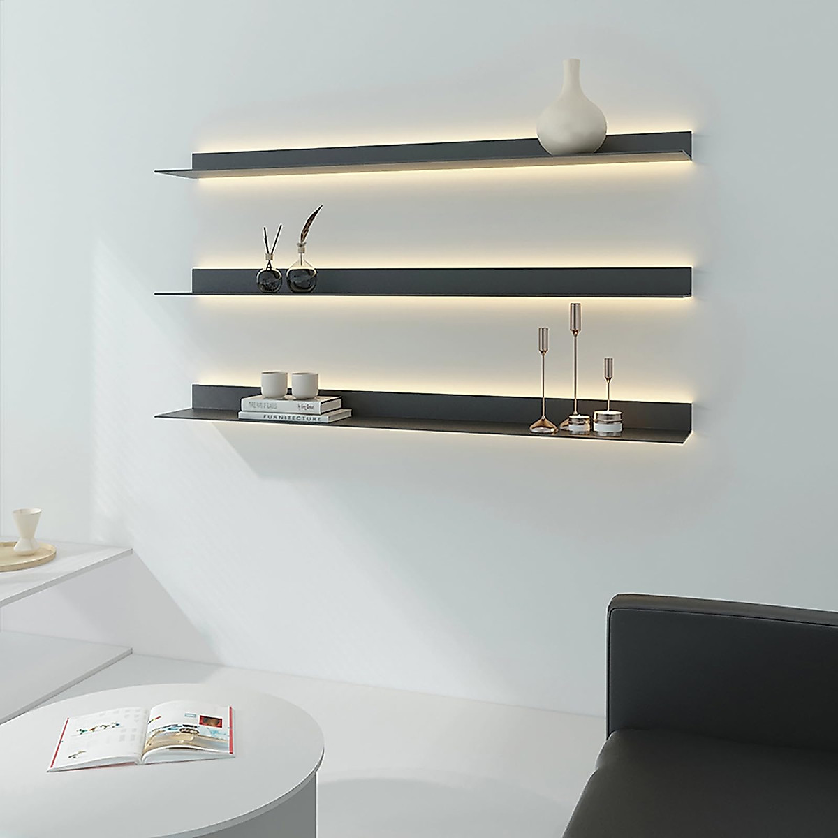 SUZEPER Floating Shelves with Led Lights,floating Display Shelf with Built-in Illuminated Led Light,metal Wall Mounted Shelves Set of 2,hanging Display Rack Wall Shelf for Livingroom Kitchen Bathroom