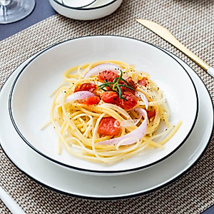 Dicunoy 6 Pack Pasta Plates, 8" Porcelain Salad Bowls, Shallow White Dinner Soup Serving Plate, Spaghetti Dishes with Black Rim for Cereal, Dessert, Snack, Microwave & Dishwasher Safe