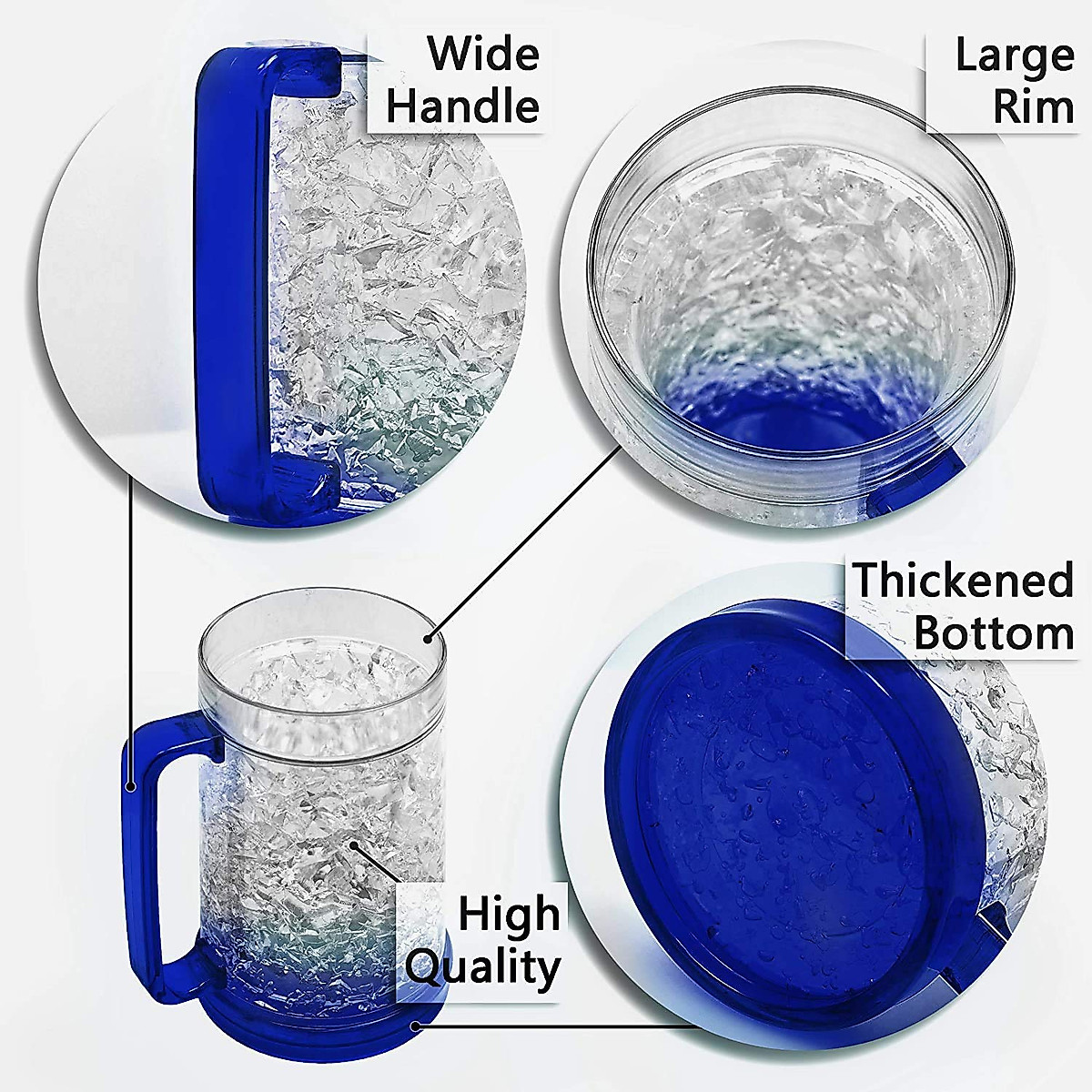 Patiomos Drinking Glasses Cups, Double Wall Gel Freezer Beer Mugs, Freezer Ice Mugs Cups, 16oz, Plastic Cooling Beer Mug Clear Set of 4 (2Blue and 2Black)