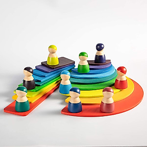 MERRYHEART Wooden Rainbow Semicircle Stacker Toys, 11Pcs Semicircle Rainbow Stacking Puzzle, Rainbow Building Blocks Board Set for Kids, Learning Creative Thinking Toys