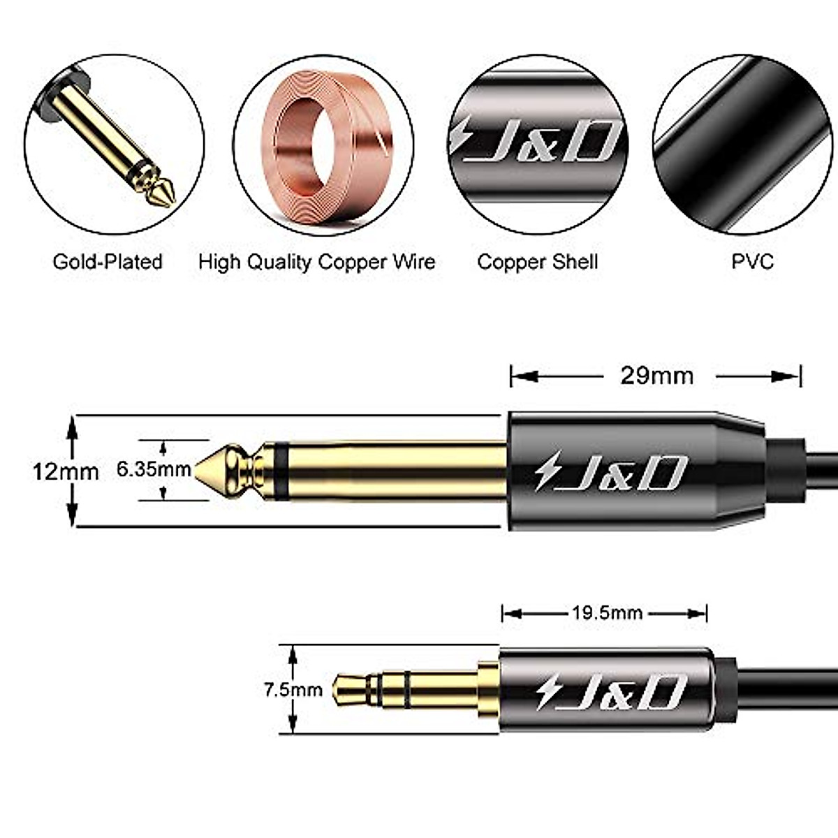 J&D 6.35mm (1/4 inch) TS to 3.5mm (1/8 inch) TRS Cable, Gold-Plated 1/4 inch Male to 3.5mm (1/8 inch) Male Mono Interconnect Heavy Duty Stereo Aux Jack Adapter Cable, 10 Feet