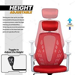 MoNiBloom Home Office Mesh Seat Chair with Headrest and Wheels, Rolling Swivel Computer Chair with T Shape Armrest for Adults, Red