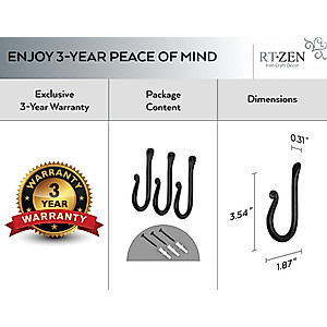 RTZEN Wall Mount J Hook - Wrought Iron Decorative Wall Hooks for Hanging Things - Handcrafted Classic Wall Mounted Black Coat Hooks - Farmhouse Towel Hooks Robe Hooks or Hat Hooks - 3 Pack