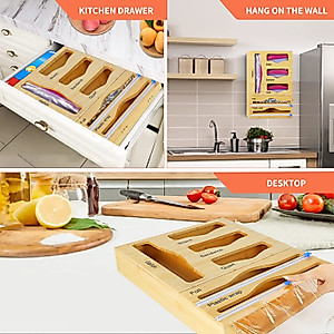 Foil and Plastic Wrap Organizer with Ziplock Bag Organizer - Evdekoru 6 in 1 Bamboo Aluminum Foil Dispenser with Cutter for Kitchen Drawer, Plastic Food Bag Organizer for Gallon,Quart,Sandwich