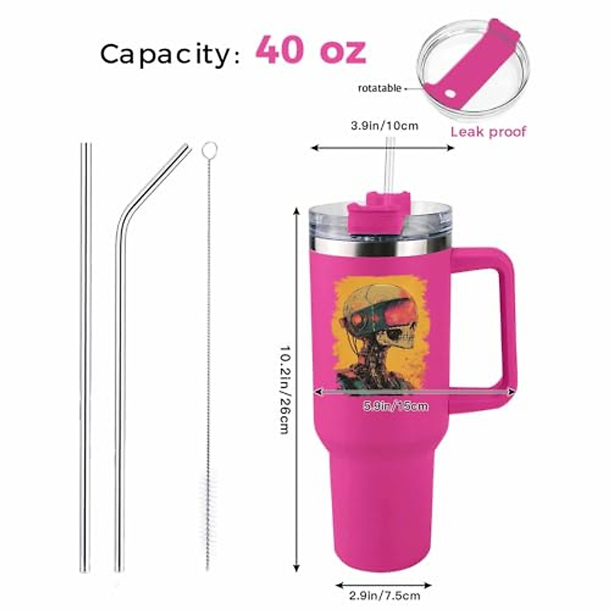 LB LEOBON 40 ounce insulated cup with handle, double-layer vacuum stainless steel material, equipped with straw, can keep warm or maintain cold drinks Neone Poppe Skeletons 3 Bright pink