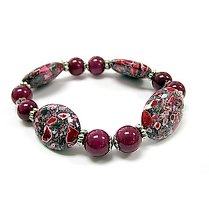 Linpeng Women Stretch Bracelet/Length 7.5" Stone Bead Size Around 1" / Red & Blue / 2 Pcs Set Pouch