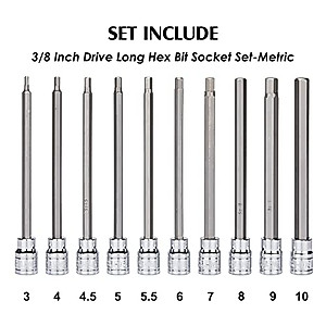 MIXPOWER 3/8" Drive Extra Deep Hex Bit Socket Set, 1/8 Inch to 3/8 Inch, 3mm to 10mm, SAE & Metric, Extra Long Allen Socket Set, CR-V and S2 Steel, 18 Pieces Set