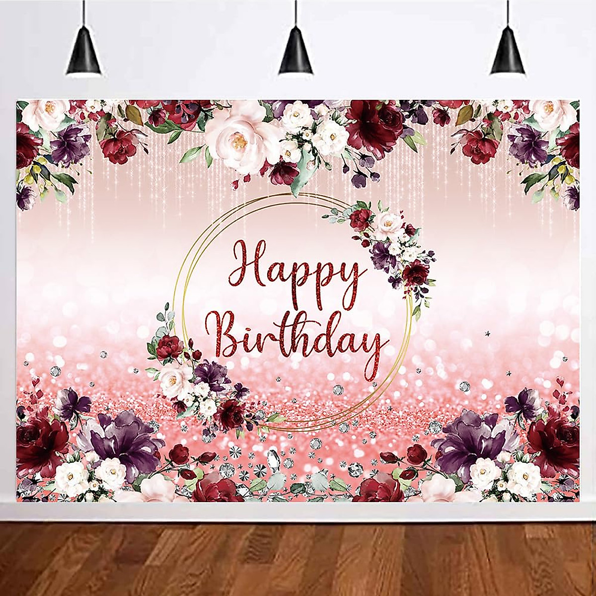 MAQTT 7 x 5 FT Pink Purple Rose Happy Birthday Photo Backdrop Flower Gold Glitter Blush Photography Background for Women Girl Birthday Party Decorations Banner Supplies