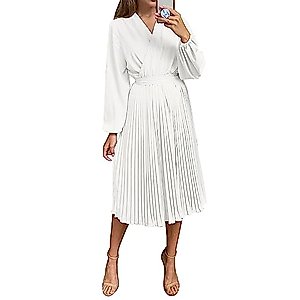 PRETTYGARDEN Women's Fall Midi Dress Long Puff Sleeve Wrap V Neck Flowy Ruffle Pleated Casual Dresses (White,Large)