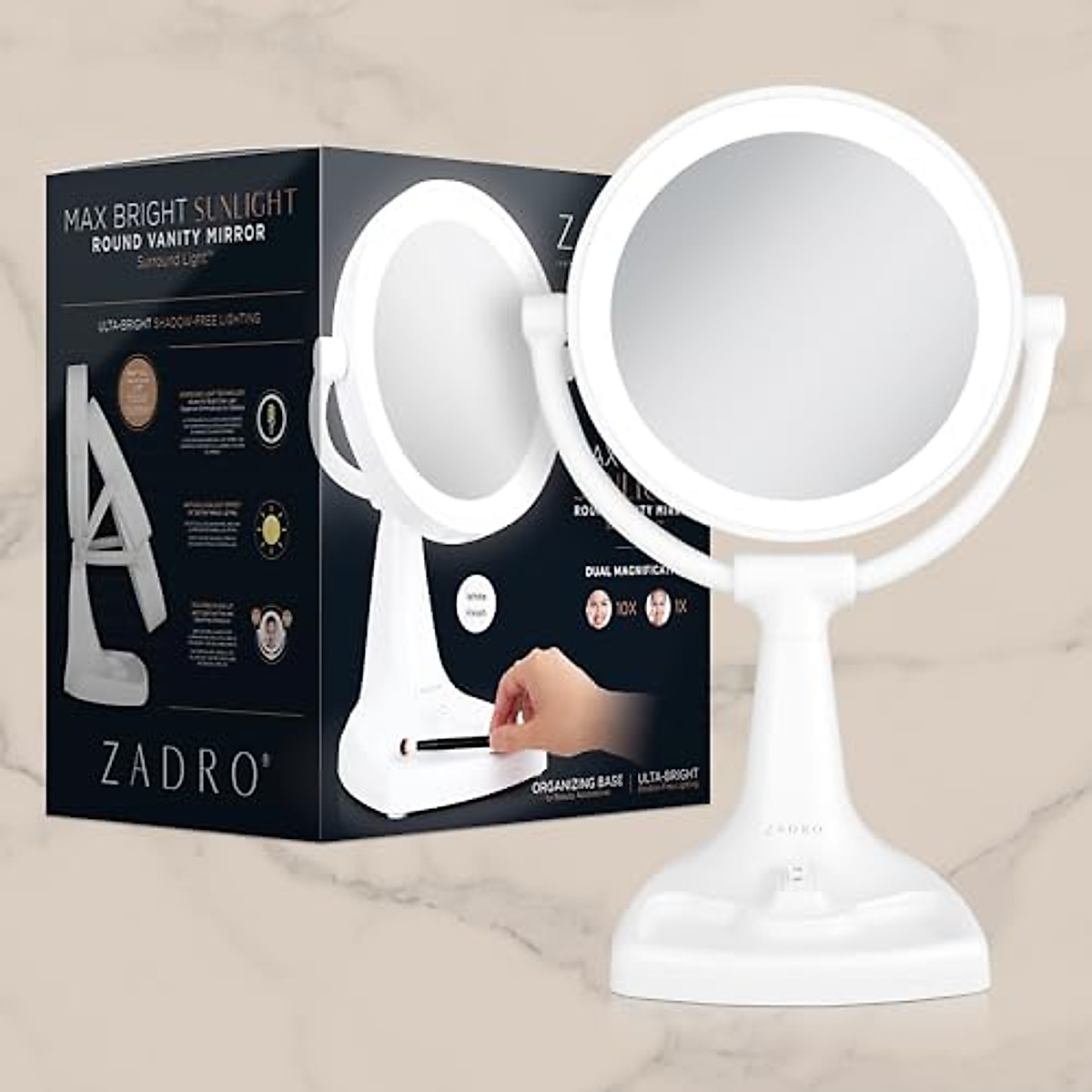 Zadro 11" W Max Bright Fluorescent Lighted Makeup Mirror with Magnification 10X/1X Swivel Head Tray Makeup Light Mirror, White