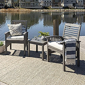 Walker Edison Rendezvous Modern 3 Piece Solid Acacia Wood Slat Back Outdoor Chair and Side Table Set, Set of 3, Grey Wash