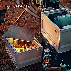 Xicennego 12-Gallon/45L Foldable Storage Bin with Wooden Lid - Large Capacity - Front and Rear Side Opening - Stackable Plastic Folding Storage Containers for Car Trunk, Camping, Picnic, Garage, Closet (Navy )