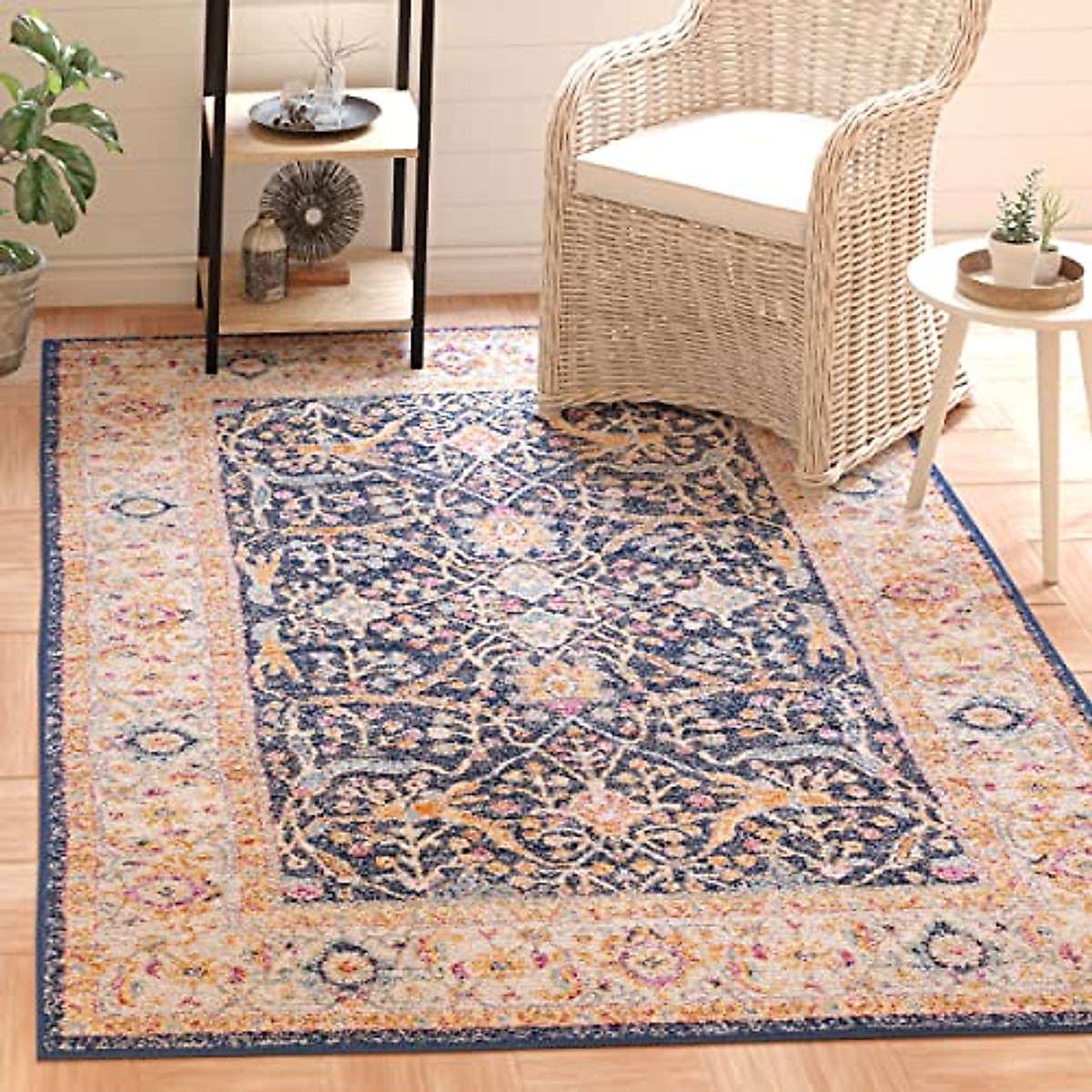 SAFAVIEH Madison Collection Area Rug - 5'3" x 7'6", Navy & Creme, Oriental Design, Non-Shedding & Easy Care, Ideal for High Traffic Areas in Living Room, Bedroom (MAD612D)