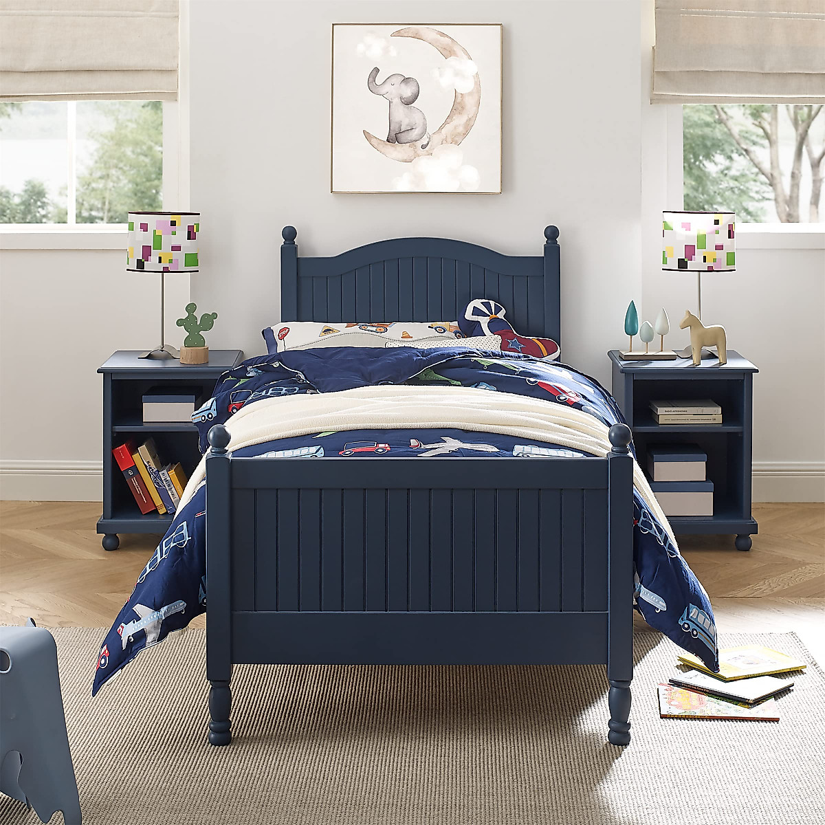 MUSEHOMEINC Wooden Twin Bed Frame with Headboard & Footboard Designed with Classic Ball finials, Beadboard Paneling and Lathe-Turned feet，No Box Spring Needed (Blue)
