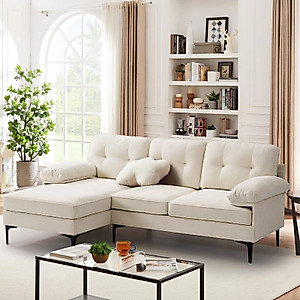 COCOLHOME L- Shaped Sectional Sofa 85" Convertible Modern Upholstered Couch Chenille Fabric with Reversible Chaise Detachable Washable Cover for Living Room, Apartment, Small Space (Cream)