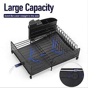 Moderspace Dish Drying Rack, Expandable Dish Rack, Capacity Dish Racks for Kitchen Counter, Dish Drainer with Utensil Holder& Drainboard, Black