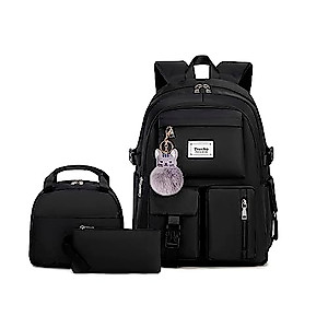 Teecho Waterproof School Backpack Set for Girl Fashion Women Backpack Purse College Bookbag Black