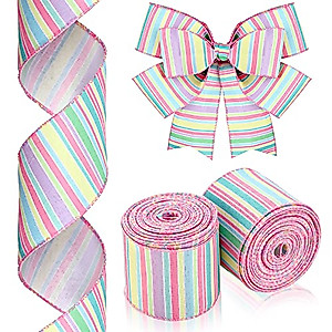 2 Rolls 20 Yards Easter Spring Wired Ribbon Pastel Stripe Canvas Ribbon Horizontal Stripe Wired Edge Ribbon Spring Decorative Ribbon Stripe Craft Ribbon for Wrapping Easter Party Crafting (2.5 Inch)