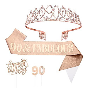 LUTER 5pcs 90th Birthday Crown and Sash Set, Sweet Rhinestone Tiara Queen Sash with Pin Cake Toppers Candles Birthday Decorations for Girls Women (Pink)